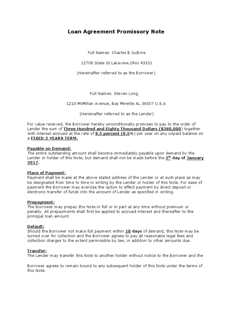 Loan Agreement Promissory Note: Payable On Demand: Day of January 2017 ...