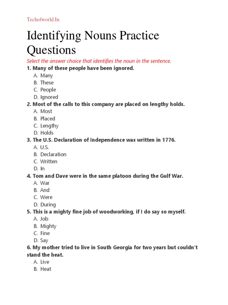 Identifying Nouns Practice Questions: Select The Answer Choice That ...