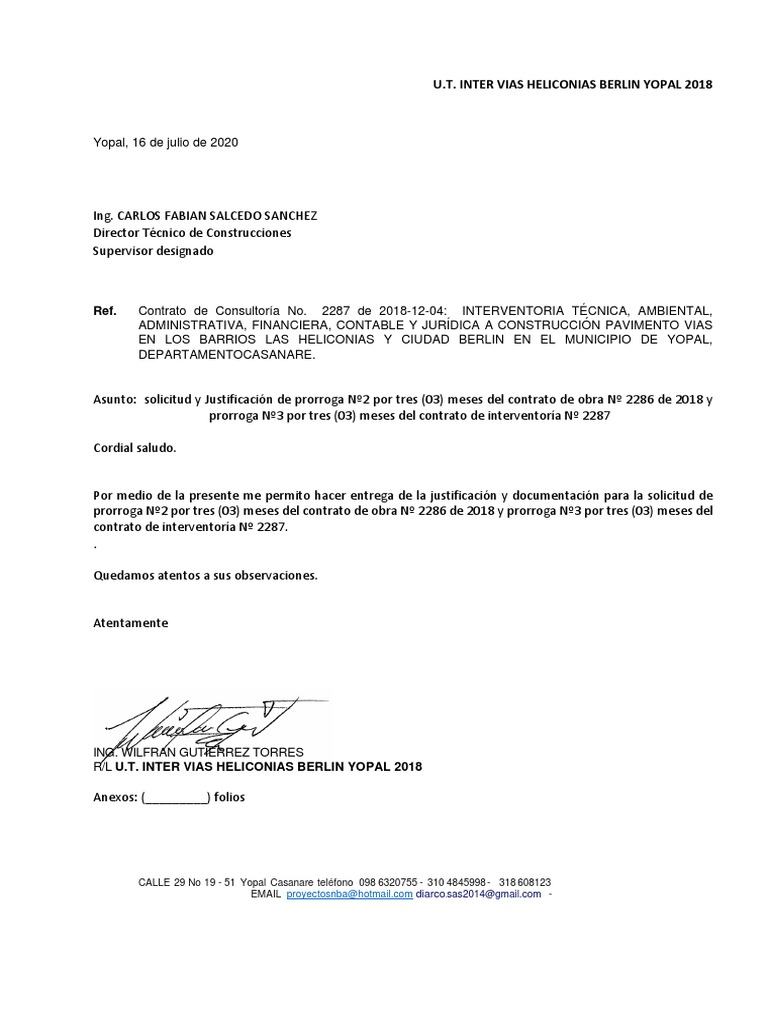 Oficio Solicitud Prorroga 1 Obra y 2 Interventoria | PDF