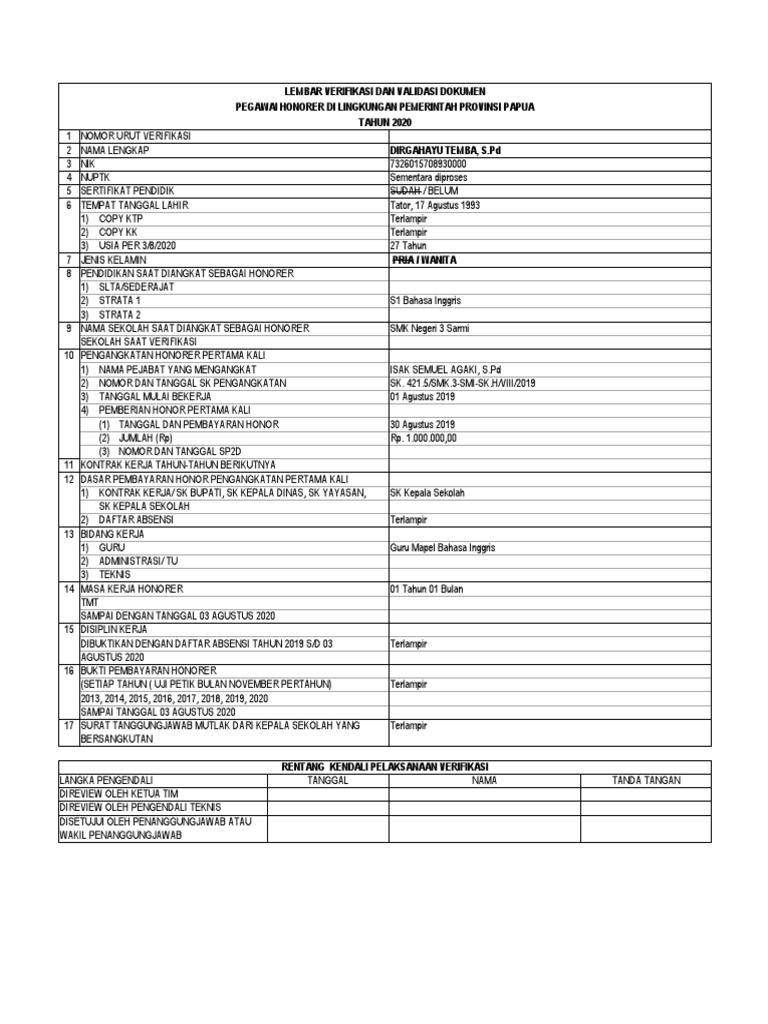 Formulir Verifikasi Dan Validasi Guru Honorer SMK Negeri 3 Sarmi | PDF