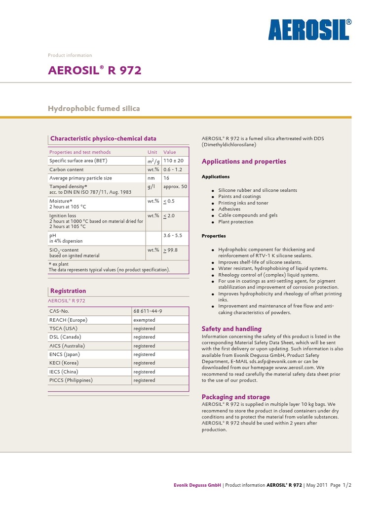 Aerosil® R 972: Hydrophobic Fumed Silica | PDF | Silicone | Aerosol