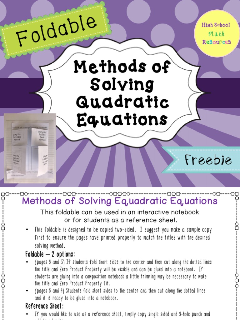Methods of Solving Quadratic Equations: Freebie | PDF | Quadratic ...