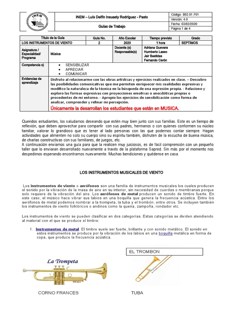 GUIA No.2 INSTRUMENTOS DE VIENTO GRADO 7 | PDF | Saxofón | Instrumentos ...