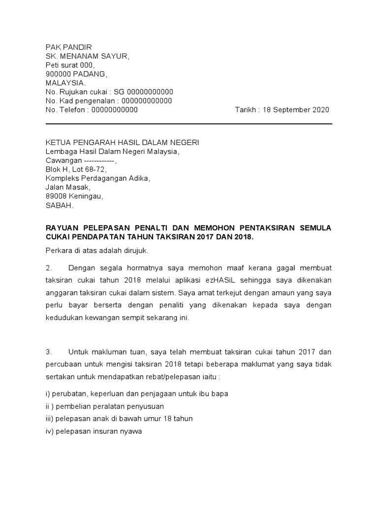 Contoh SURAT RAYUAN PELEPASAN PENALTI DAN CUKAI LHDN | PDF
