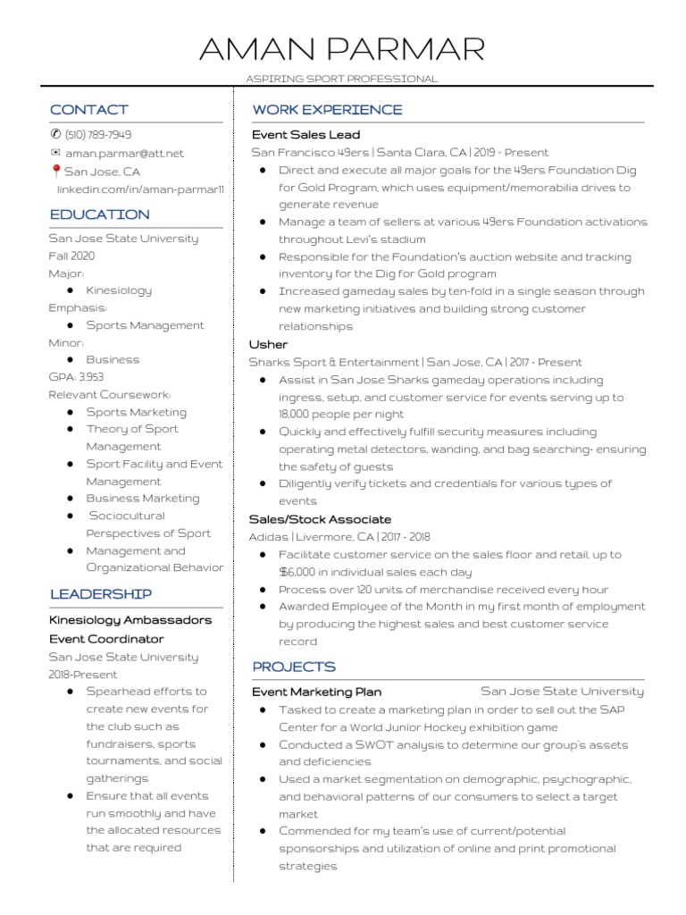 2020 Sports Management Resume | PDF | San Jose | Sales