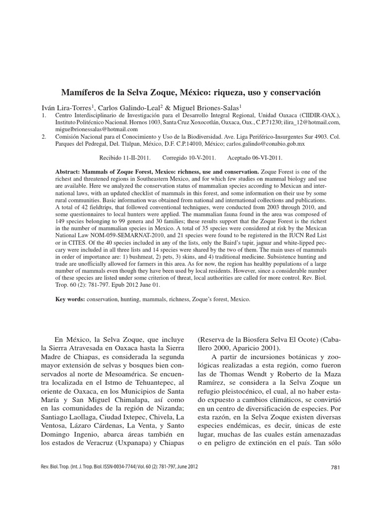 Mamíferos de La Selva Zoque, México: Riqueza, Uso y Conservación | PDF ...