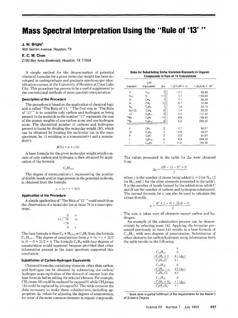 Mass Spectral Interpretation Using The "Rule Of: Au - A % (M + - A (Am ...