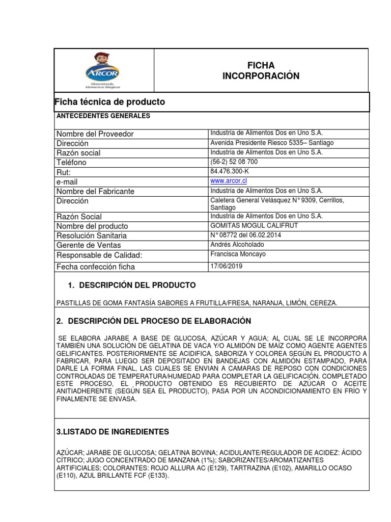 Ficha Técnica de Gomitas Mogul | PDF | Alimentos | Nutrición