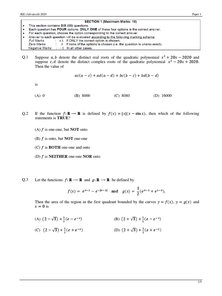 JEE Advanced 2020 Paper 1 Maths Question Paper | PDF | Polynomial ...