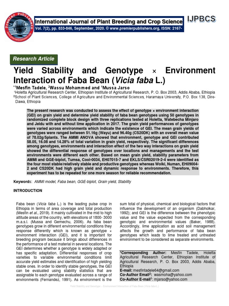 Yield Stability and Genotype × Environment Interaction of Faba Bean (Vicia Faba L.) | PDF ...