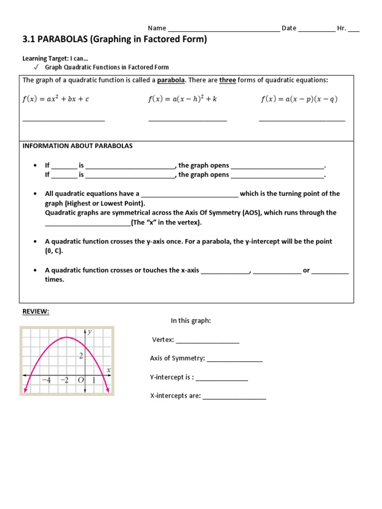 3.1 PARABOLAS (Graphing in Factored Form) | PDF