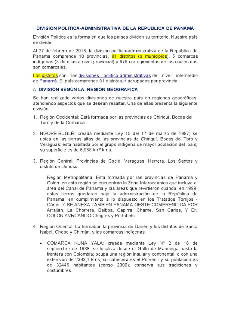 División Política-Administrativa de Panamá | PDF | Panamá | América del ...