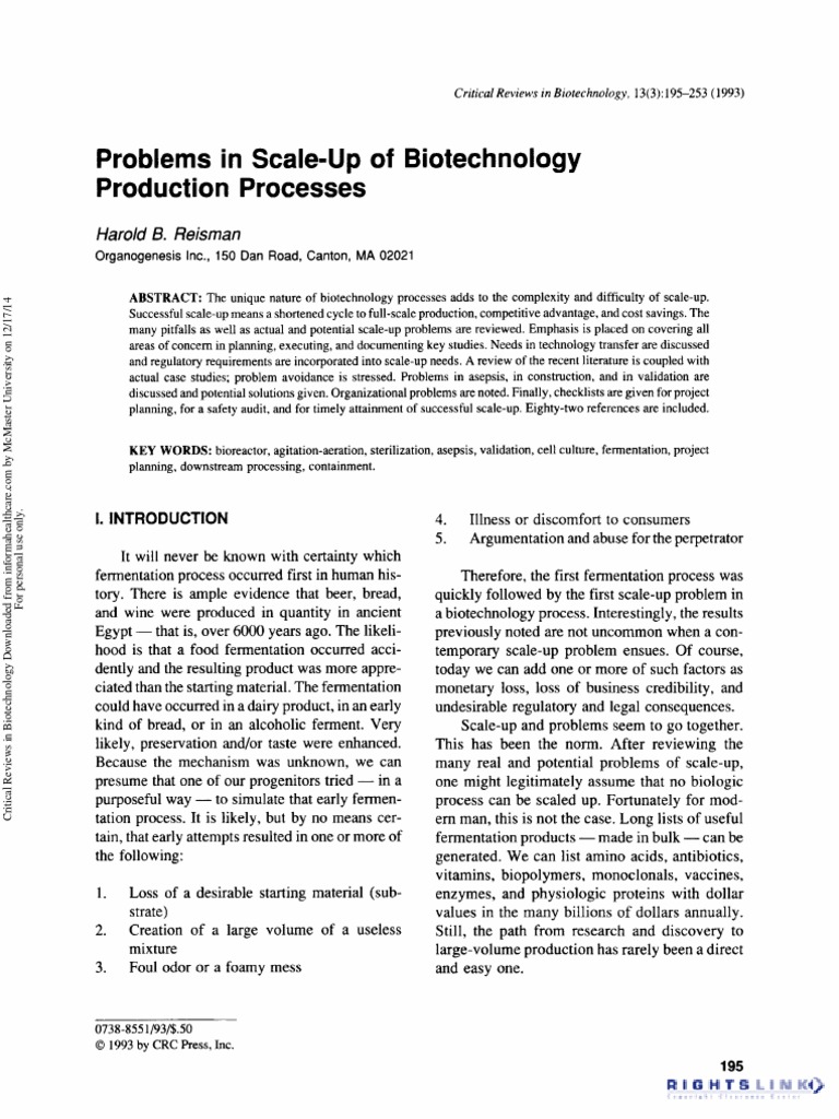 Problems Scale-Up Production Processes: in of Biotechnology | PDF ...