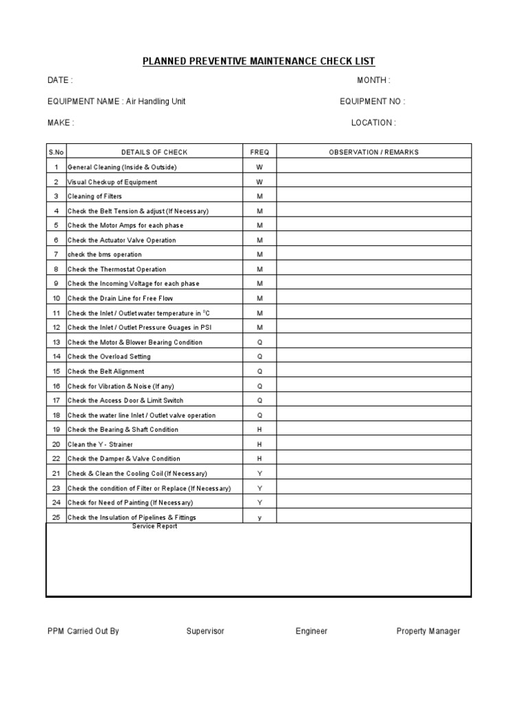 Planned Preventive Maintenance Check List | PDF