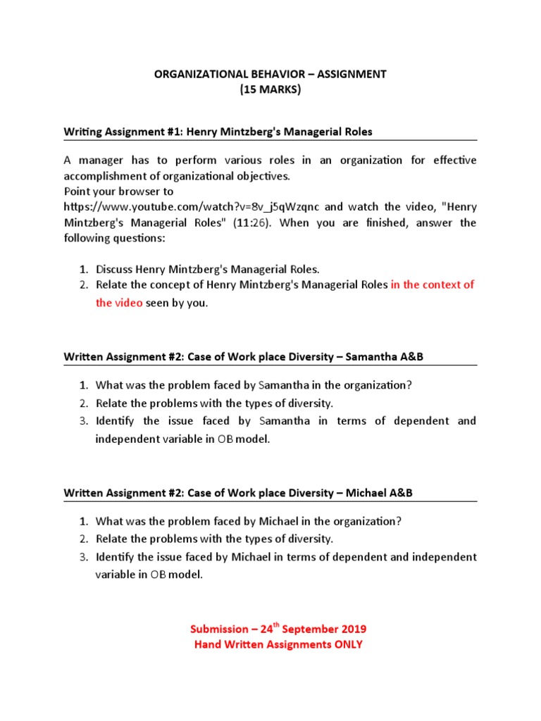 Organizational Behavior - Assignment (15 MARKS) : in The Context of The ...