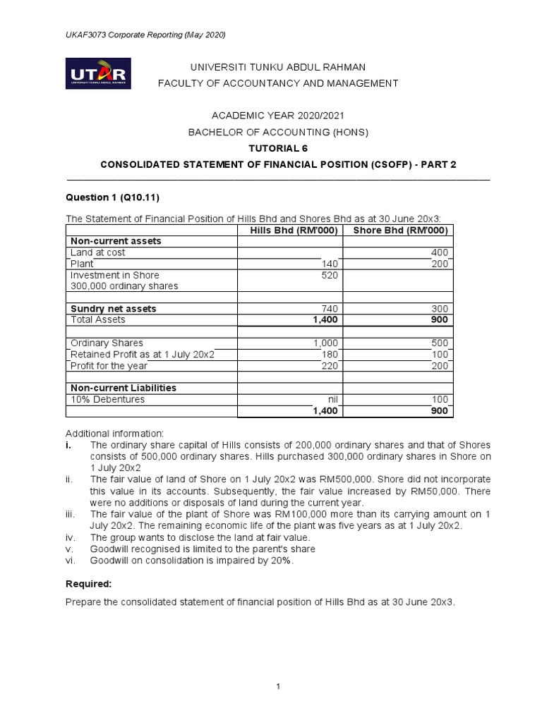 Tutorial 6 - Consolidated SOFP Part 2 | PDF | Goodwill (Accounting ...