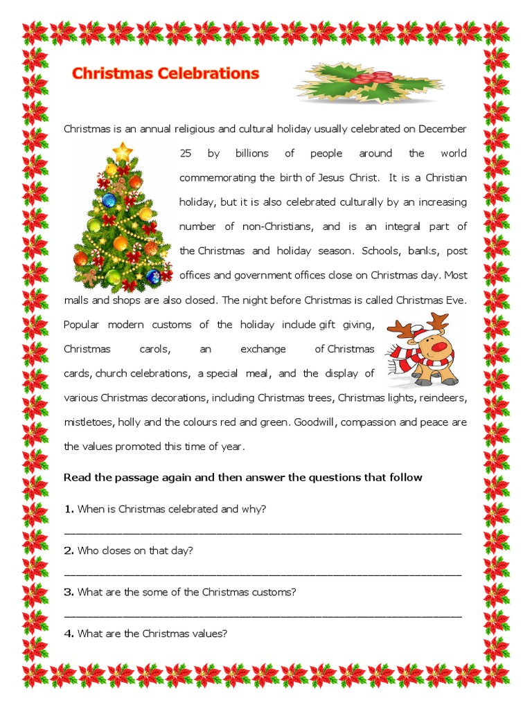 Christmas Celebrations Reading Comprehension Exercises - 75113 | PDF