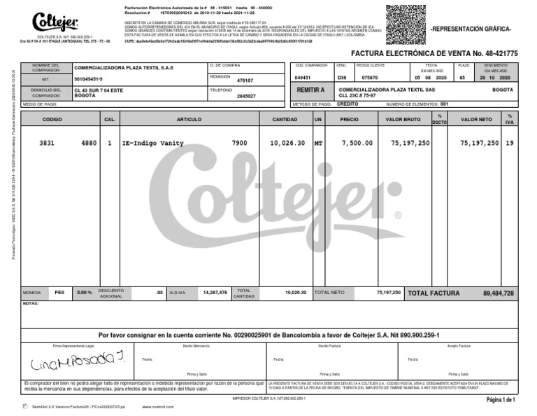 Factura Electrónica Coltejer S.A. | PDF | Factura | Pagos