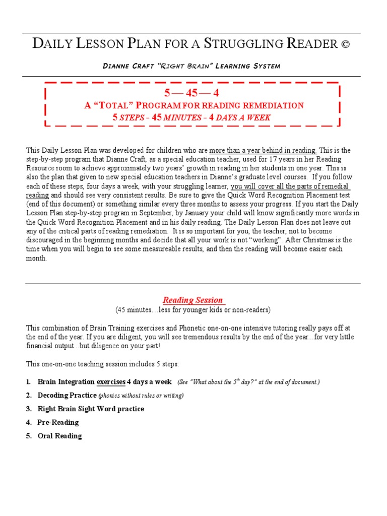 Daily Lesson Plan For A Struggling Reader 5 45 5 | PDF | Phonics ...