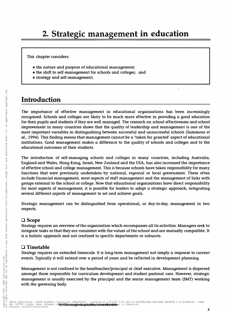 Strategic Management in Education: The Nature and Purpose of ...