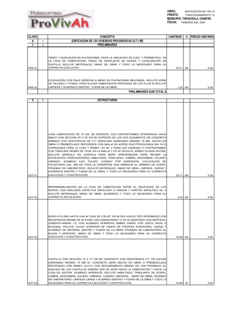 13 02 18 Practica Opus Catalogo de Conceptos CASA HABITACION PDF | PDF | Hormigón | Aluminio