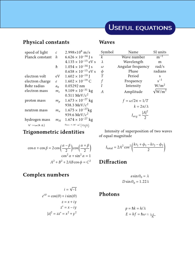Useful Equations: Physical Constants Waves | PDF | Electronvolt | Trigonometric Functions
