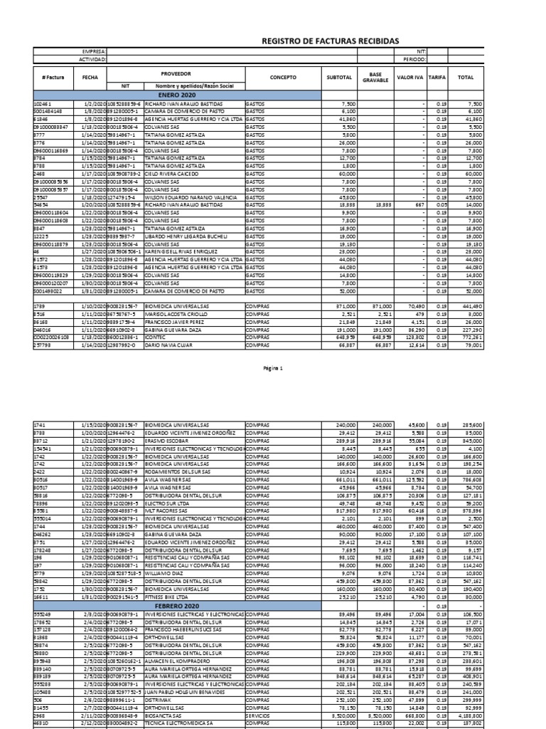 LIBRO REGISTRO DE FACTURAS RECIBIDAS 2020 - Laboratorio Biometrical SAS ...