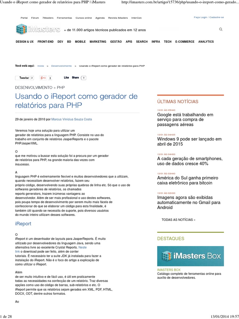 Usando o Ireport Como Gerador de Relatórios para PHP - Imasters | PDF | Php | Classe ...