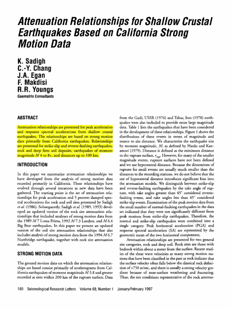 GMPE Shallow Crustal EQ-paper (Sadigh Chang Egan 1997) PDF | PDF ...