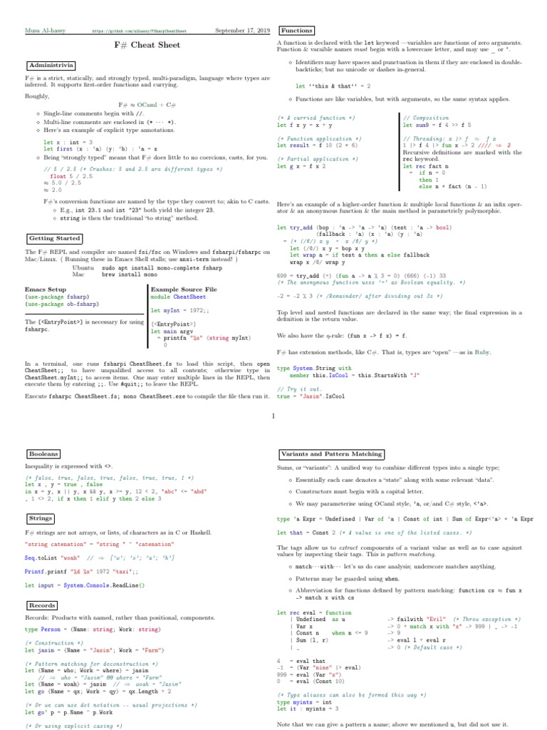 F# Cheat Sheet | Download Free PDF | Boolean Data Type | C Sharp ...