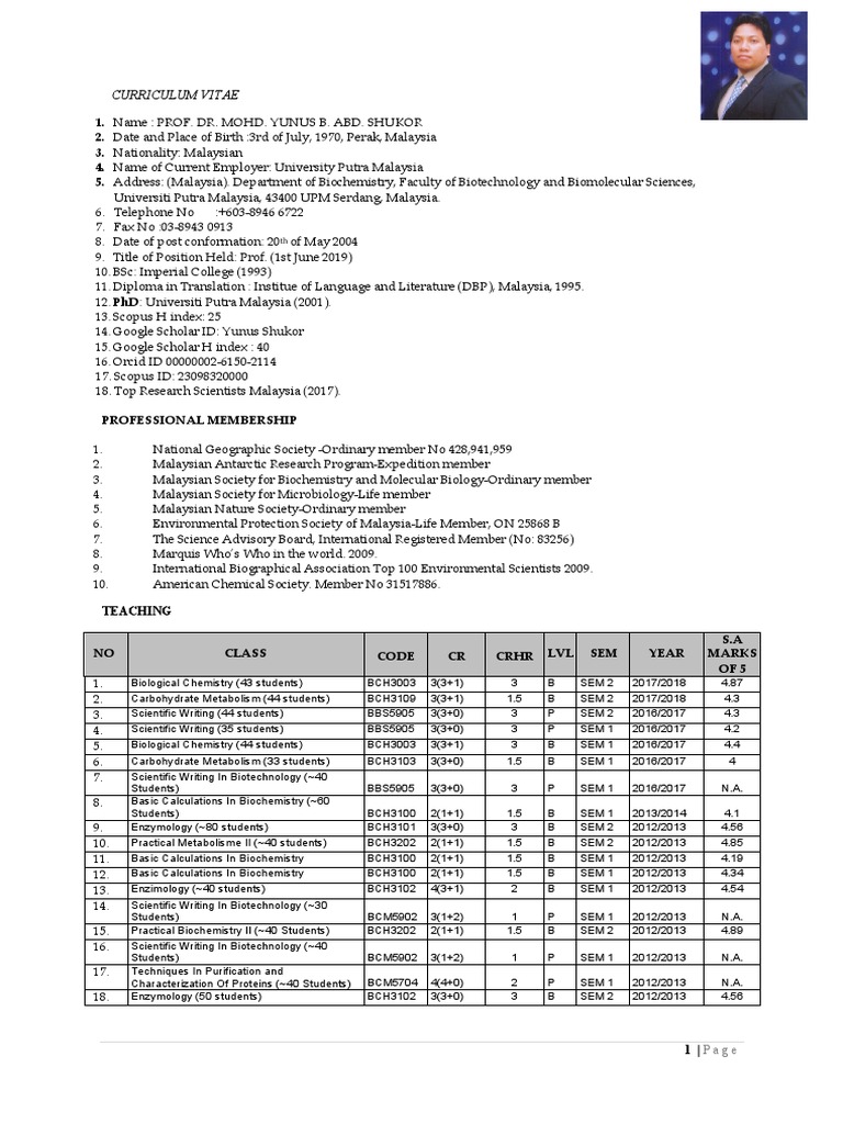 Curriculum Vitae - Prof Yunus v9 | PDF | Physical Sciences | Biology