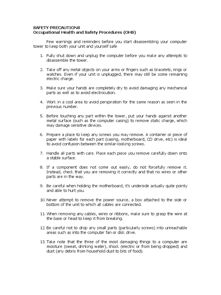 Safety Precautions Occupational Health and Safety Procedures (OHS) | PDF