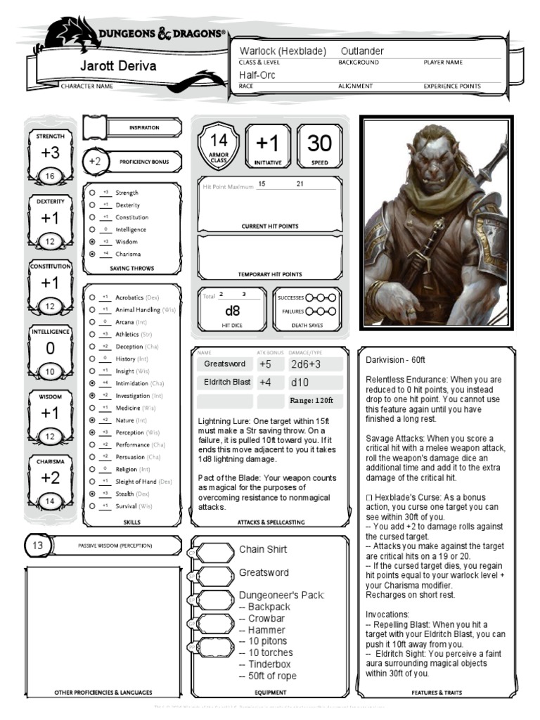 Half Orc Hexblade Warlock DND | PDF | Gaming | Role Playing Games
