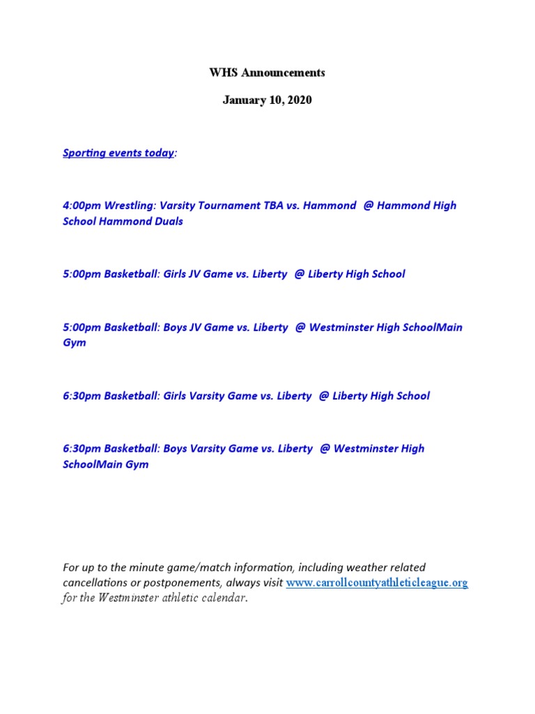 WHS Announcements January 10, 2020 | Download Free PDF | Schools | Sports