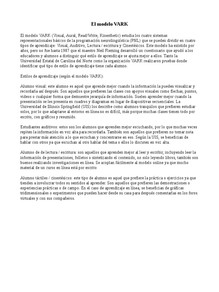 El Modelo VARK | PDF | Aprendiendo estilos | Aprendizaje