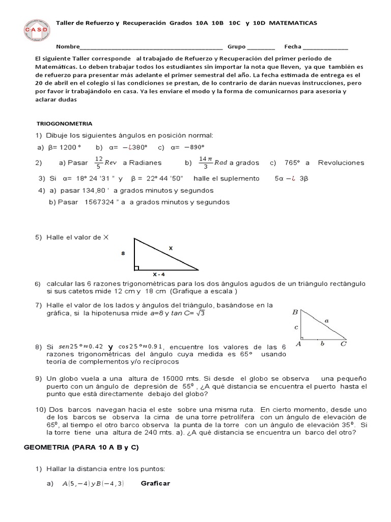 Taller Refuerzo y Recuperacion Primer Periodo Matematicas Decimo Ciencias | PDF | Funciones ...