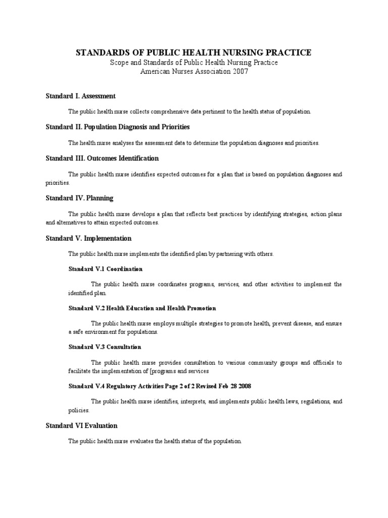 Standards of Public Health Nursing Practice | PDF