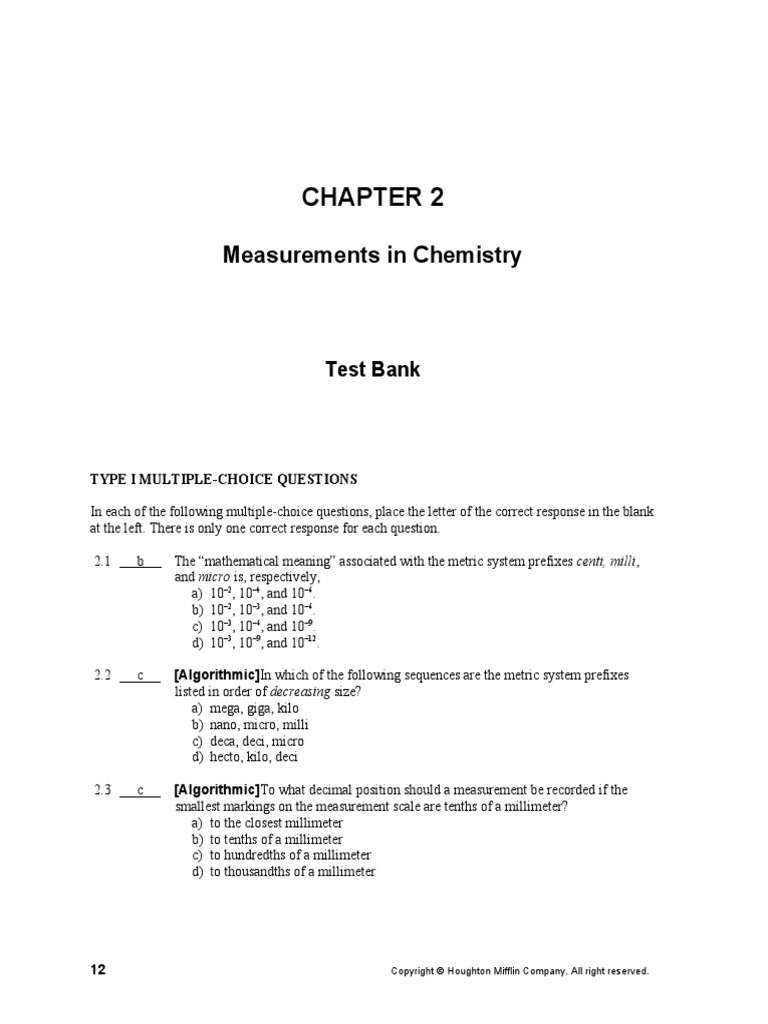 Measurements in Chemistry: Test Bank | PDF | Temperature | Density