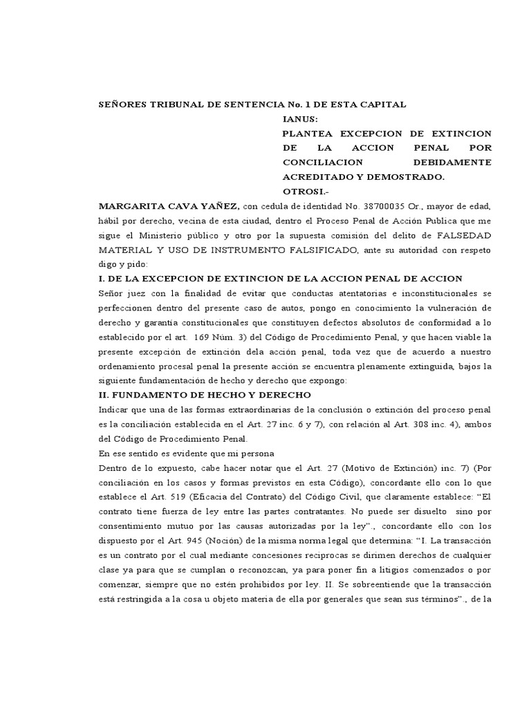 Excepcion de Extincion de La Accion Penal Por Conciliacion | PDF ... Excepcion de Extincion de La Accion Penal Por Conciliacion | PDF ...