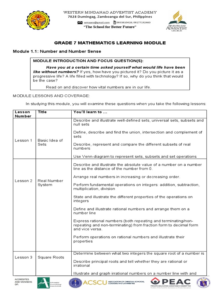 Math 7 Module 1st Grading | PDF | Set (Mathematics) | Mindanao
