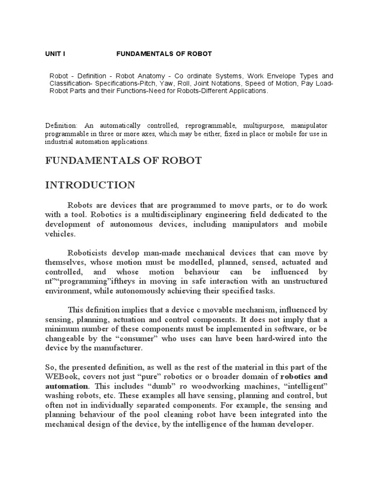 Unit I Fundamentals of Robot | PDF | Robot | Robotics