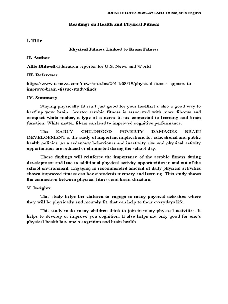 Readings On Health and Physical Fitness: Johnlee Lopez Abagay Bsed-1A ...