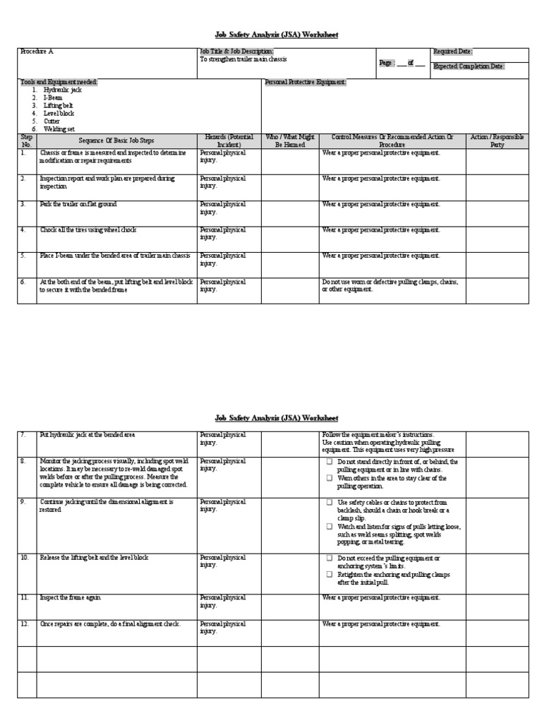 Job Safety Analysis (JSA) Worksheet | PDF | Personal Protective ...