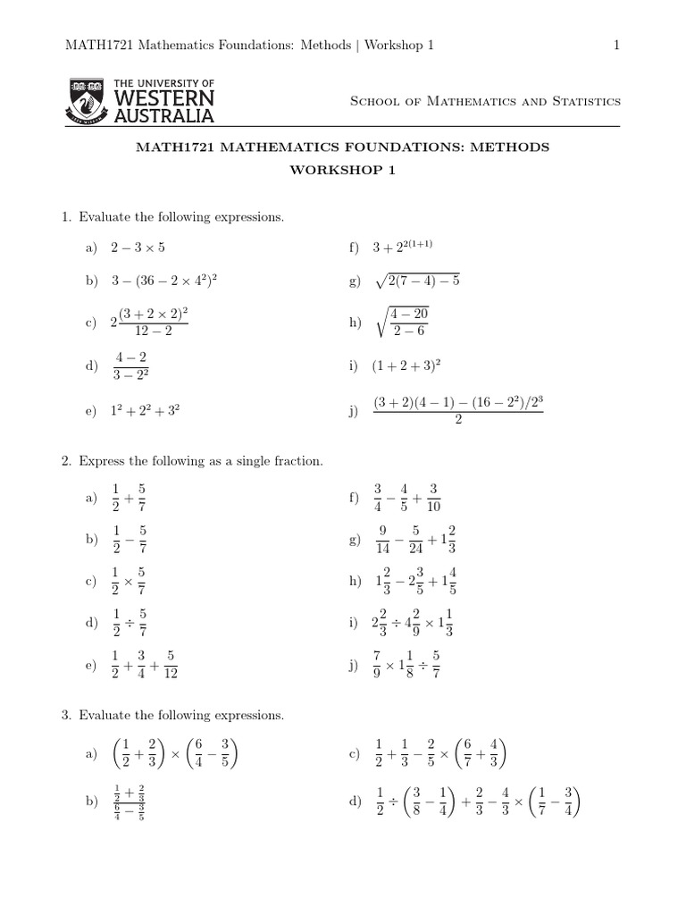 UWA MATHS1721 Workshop 1 | PDF | Algebra | Teaching Mathematics