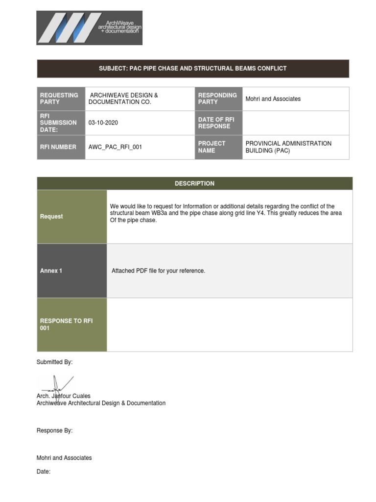 AWC - PAC - RFI - 001 Conflict of Pipe Chase and Beams | PDF