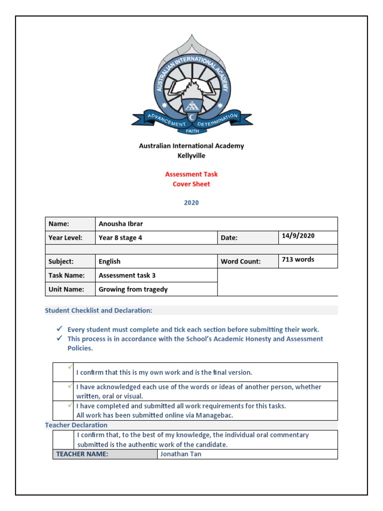 Australian International Academy Kellyville: Assessment Task Cover ...