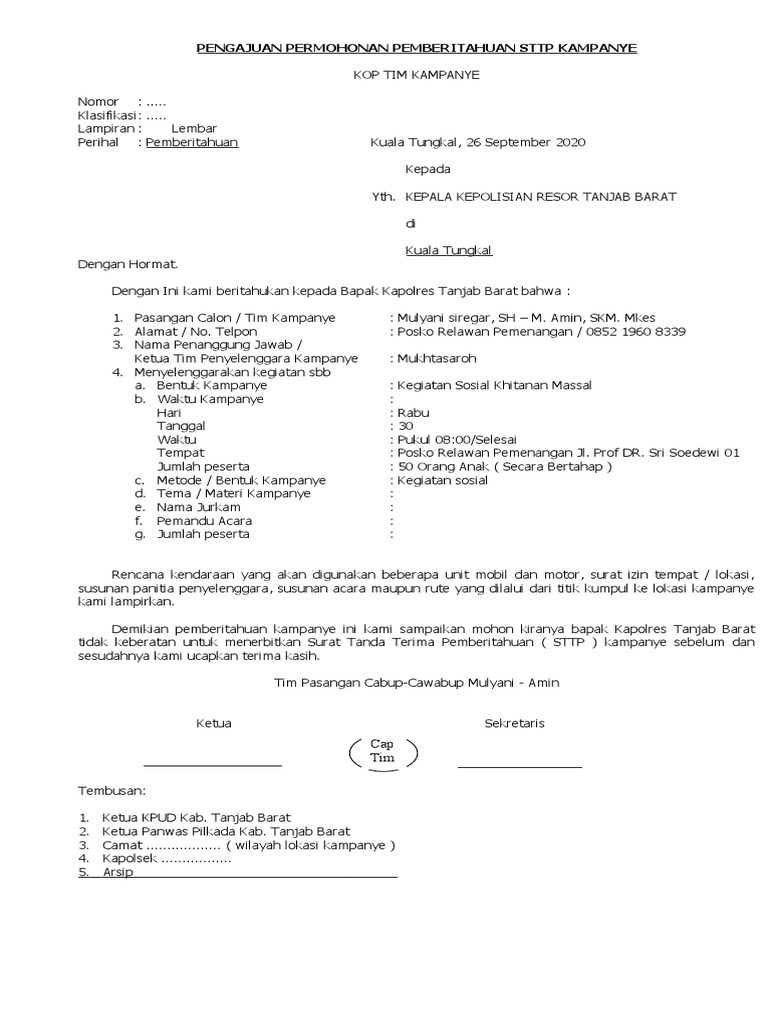 Contoh Permohonan STTP Giat Parpol 2020 Mulyani Amin | PDF