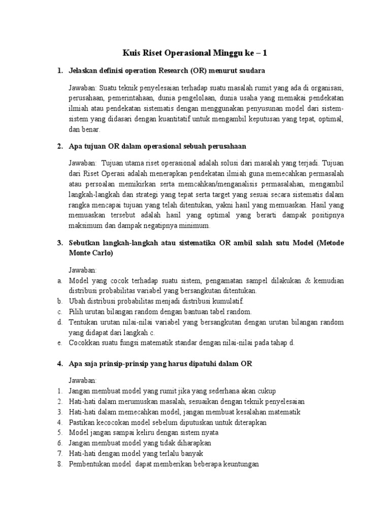 Kuis Riset Operasional Minggu 1 | PDF | Bisnis | Komputer