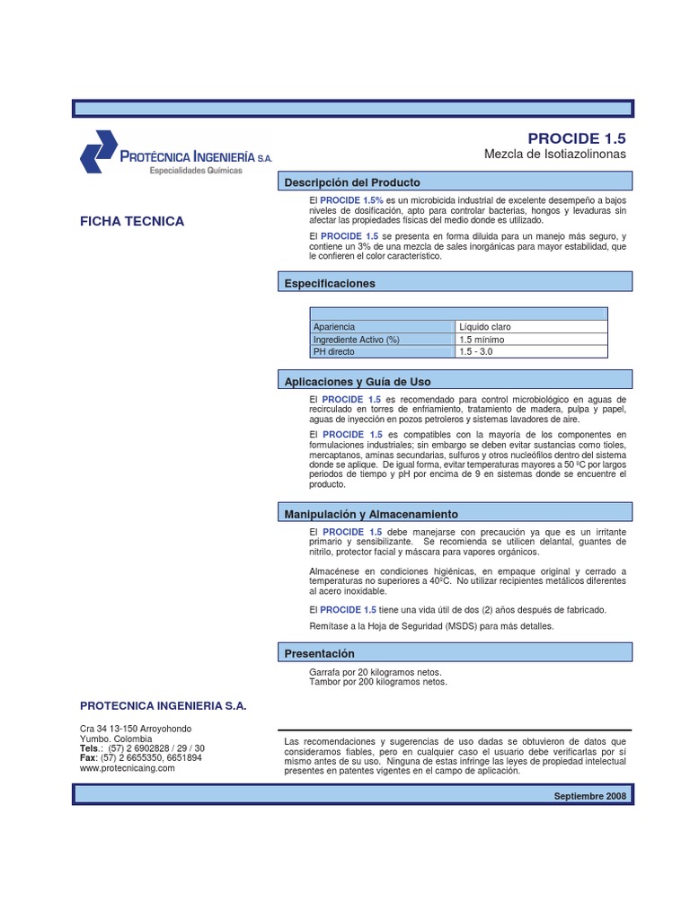 Uso y características de PROCIDE 1.5 | PDF | Química | Productos quimicos
