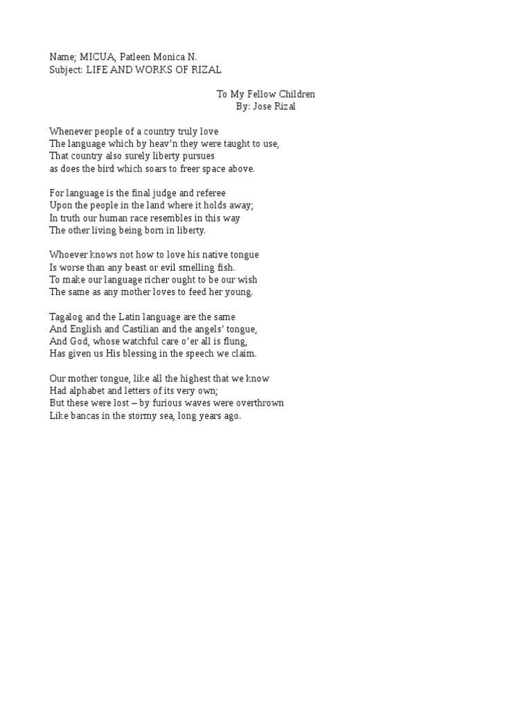 Rizal Poem Reacrtion Paper | PDF | Philippines | Languages